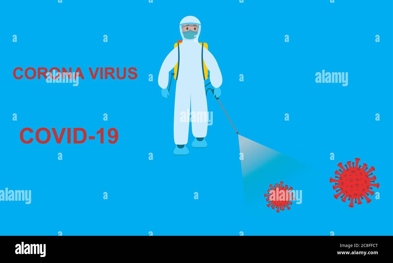 Man with disinfectant spray machine, sanitization process, Corona virus ...