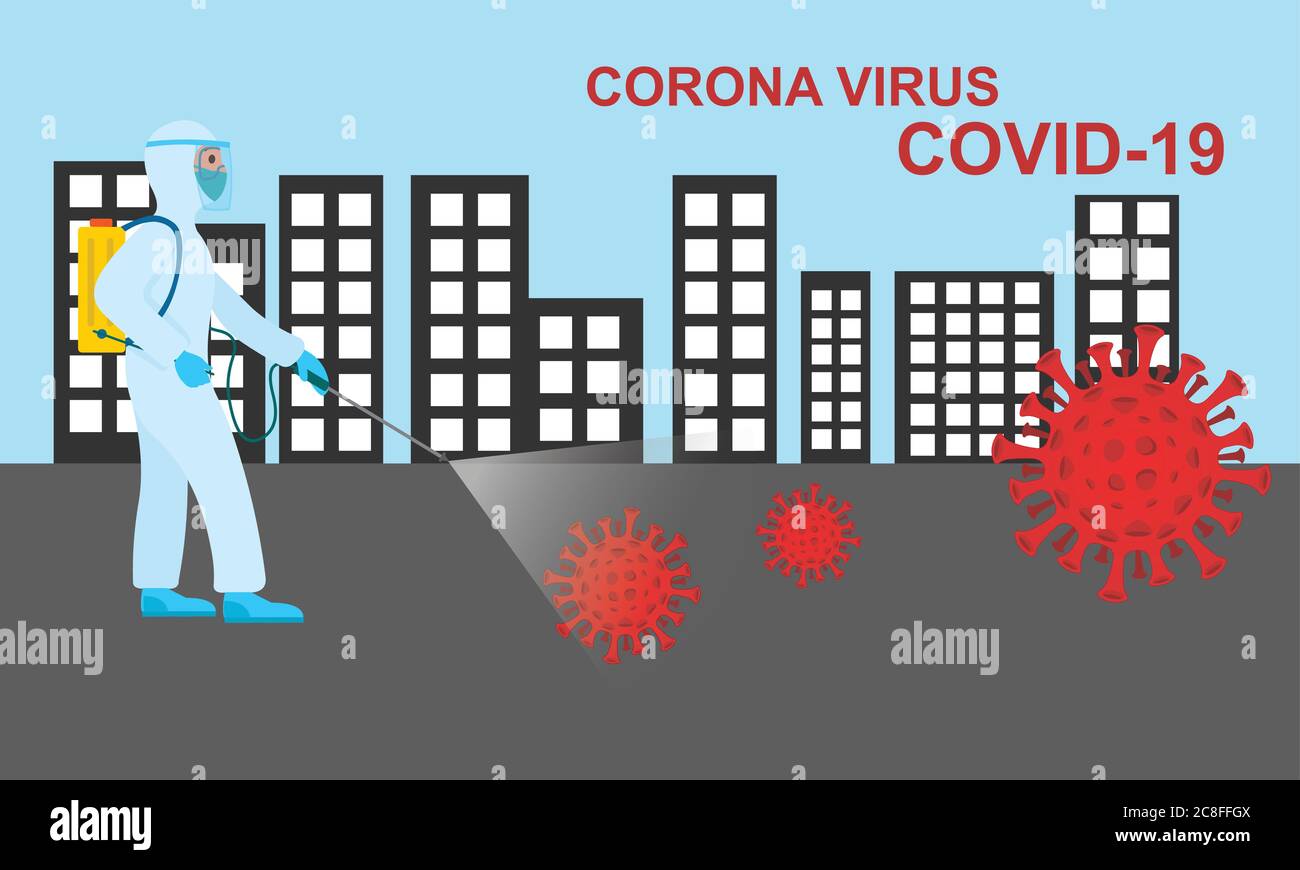 Man with disinfectant spray machine, sanitization process, Corona virus ...