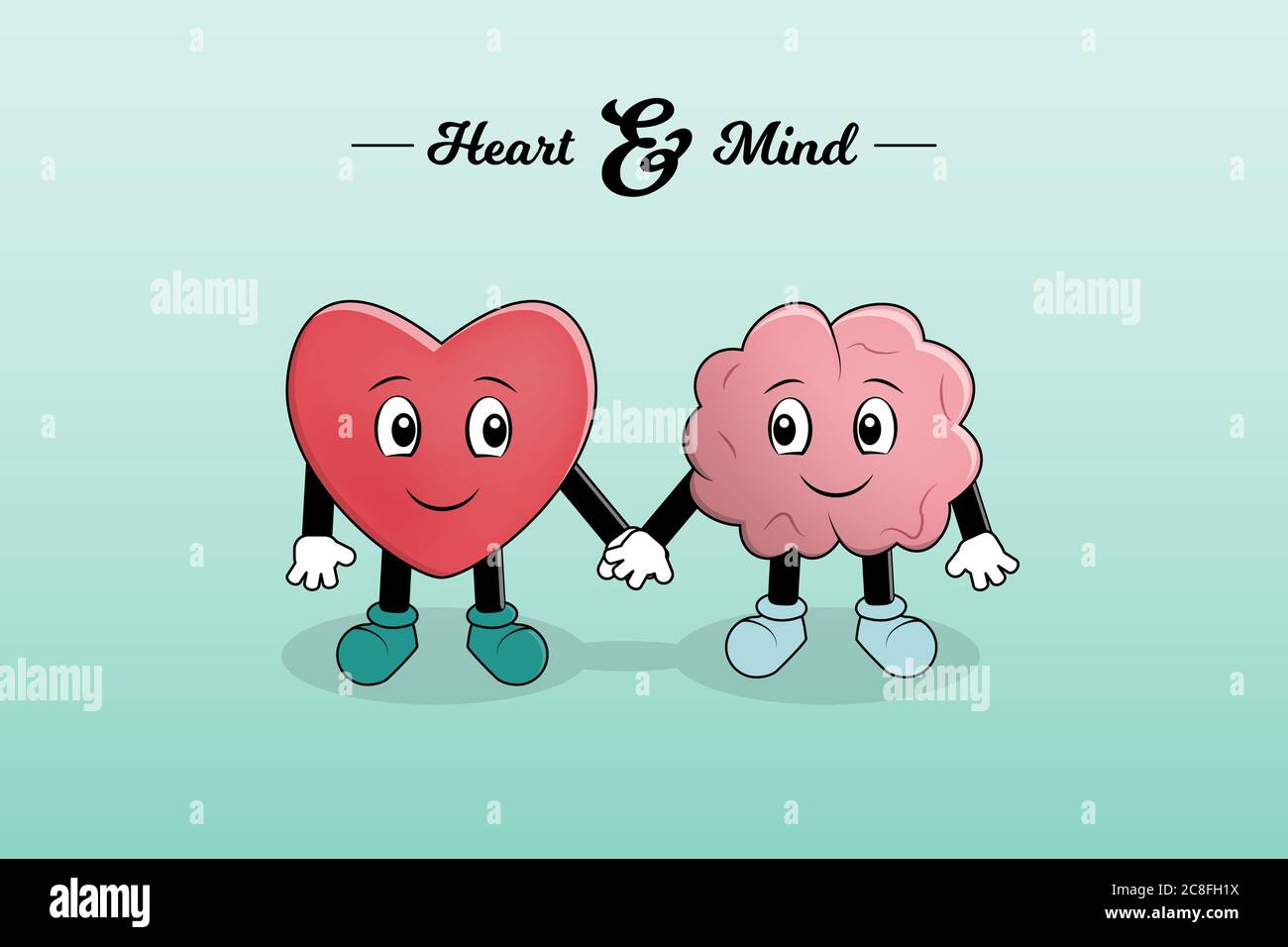 Heart and mind hold their hands and look each other. Vector simple ...
