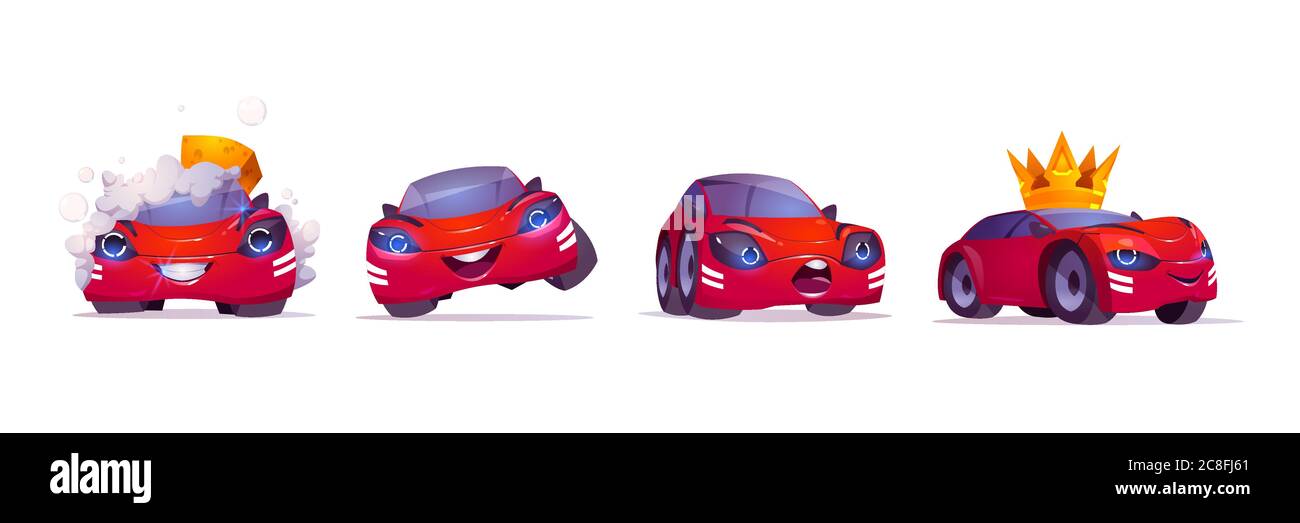 Cartoon car character washing with foam, vip in gold crown, express ...