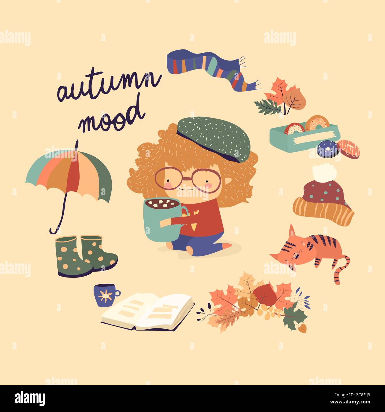 Cute cartoon girl with autumn elements. Autumn mood Stock Vector Image ...
