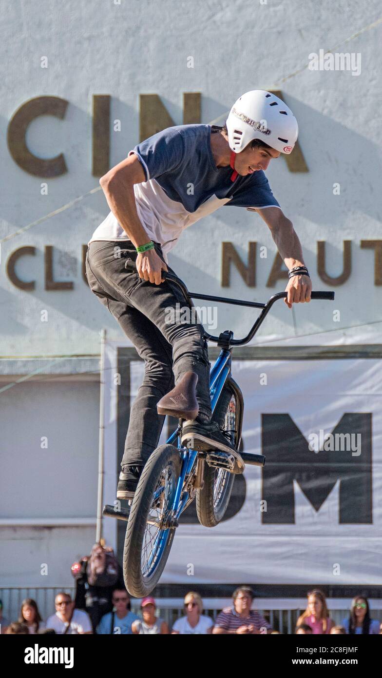 BMX doing a trick during action sports festival in Vigo in the province ...