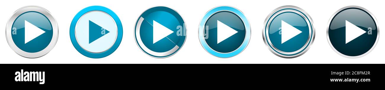 Play silver metallic chrome border icons in 6 options, set of web blue round buttons isolated on ...
