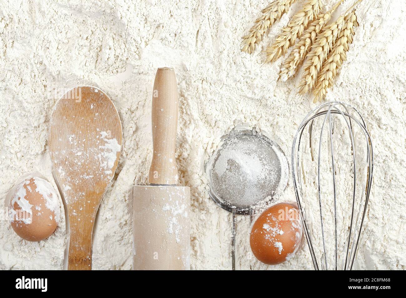 variety of objects on flour surface, baking or flour background Stock ...