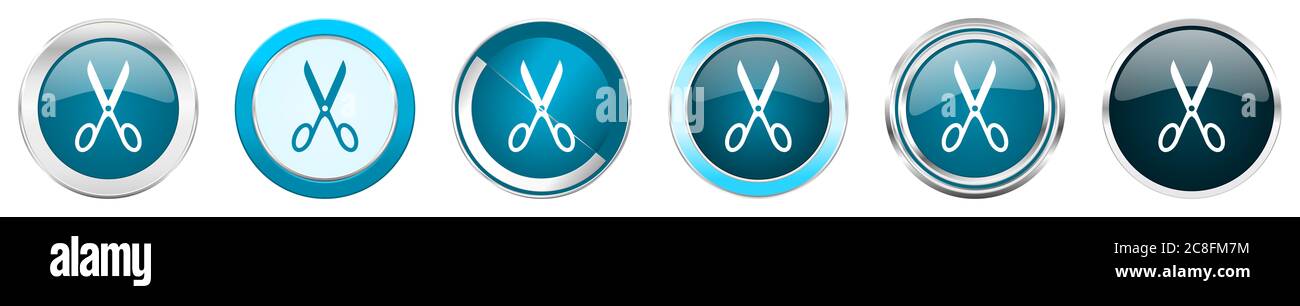 Scissors silver metallic chrome border icons in 6 options, set of web blue round buttons ...