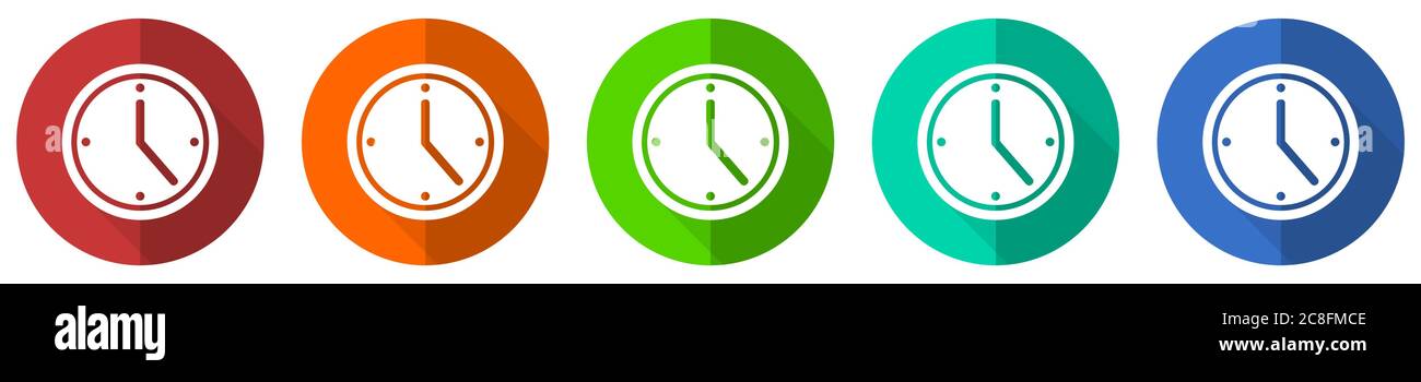 Time icon set, red, blue, green and orange flat design web buttons ...