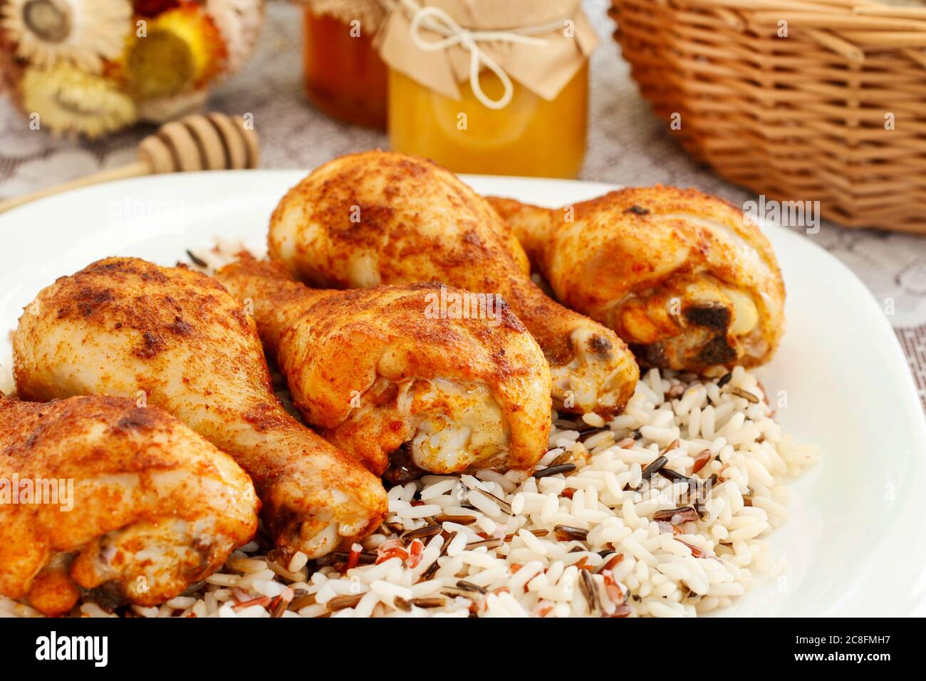 Indian cuisine: roasted chicken with rice and vegetables. Lunch time ...