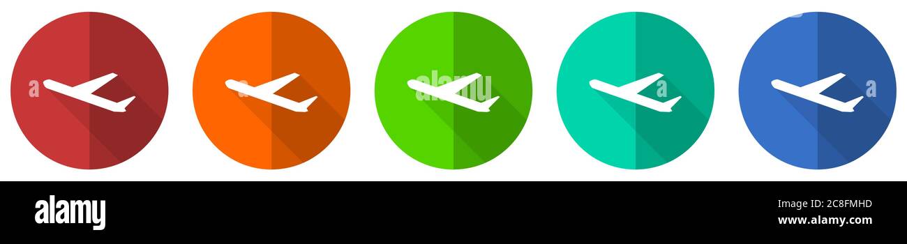Deparures icon set, flight, airplane, red, blue, green and orange flat ...