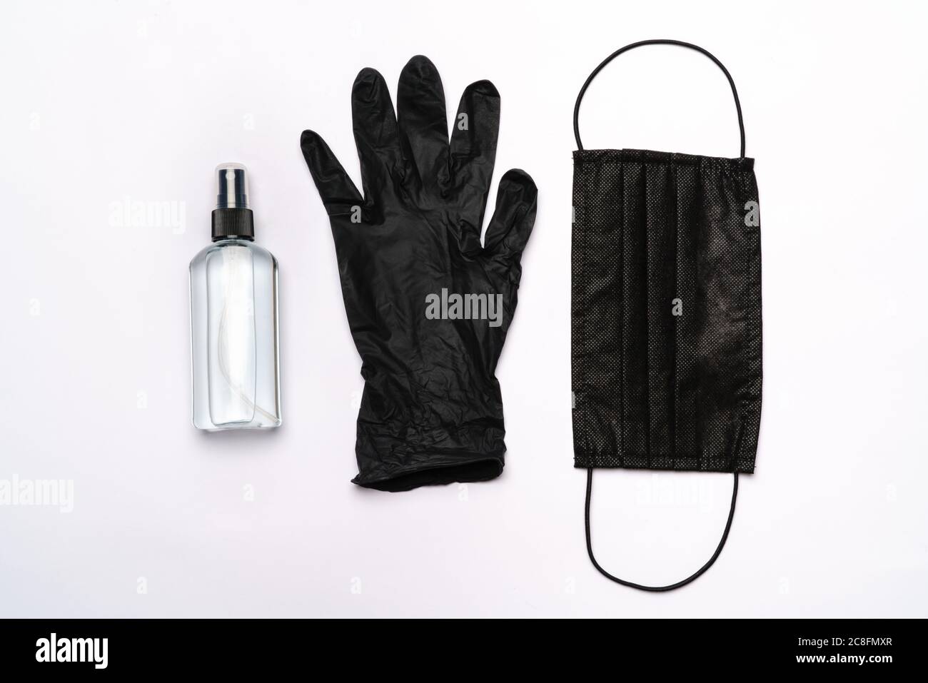 flat layout of hygiene items - latex gloves, mask and hand sanitizer or ...