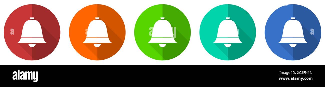 Bell, ring, alarm icon set, red, blue, green and orange flat design web ...