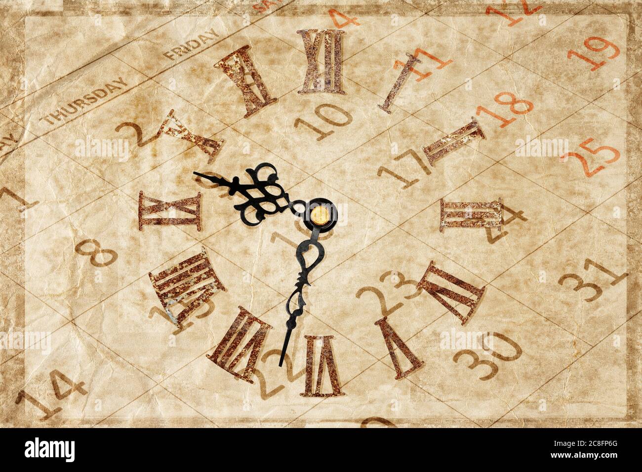 time concept with rusty roman clock face on grungy calendar Stock Photo ...