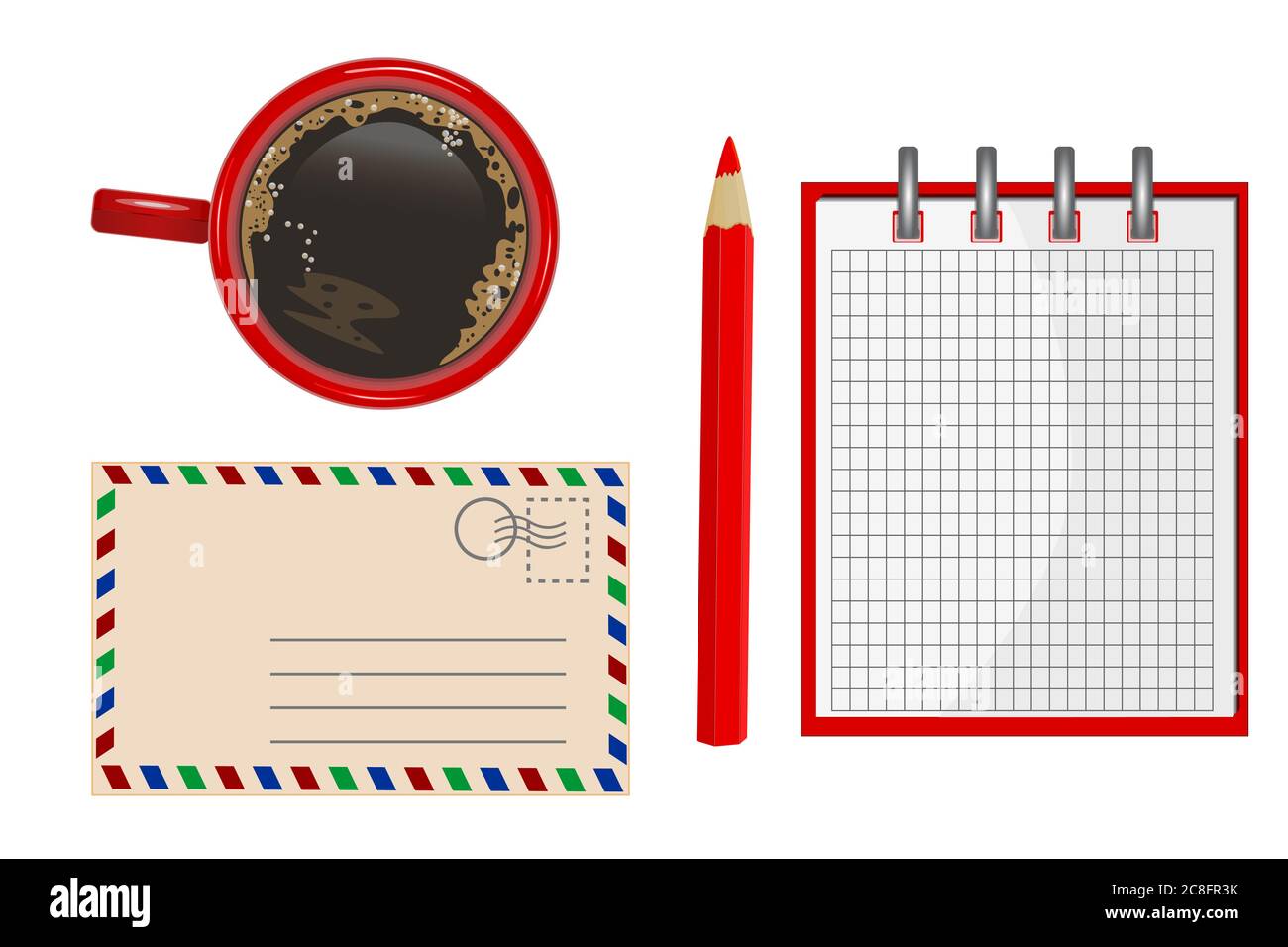 Set of office objects. Pen, coffee, notebook and envelope isolated on ...