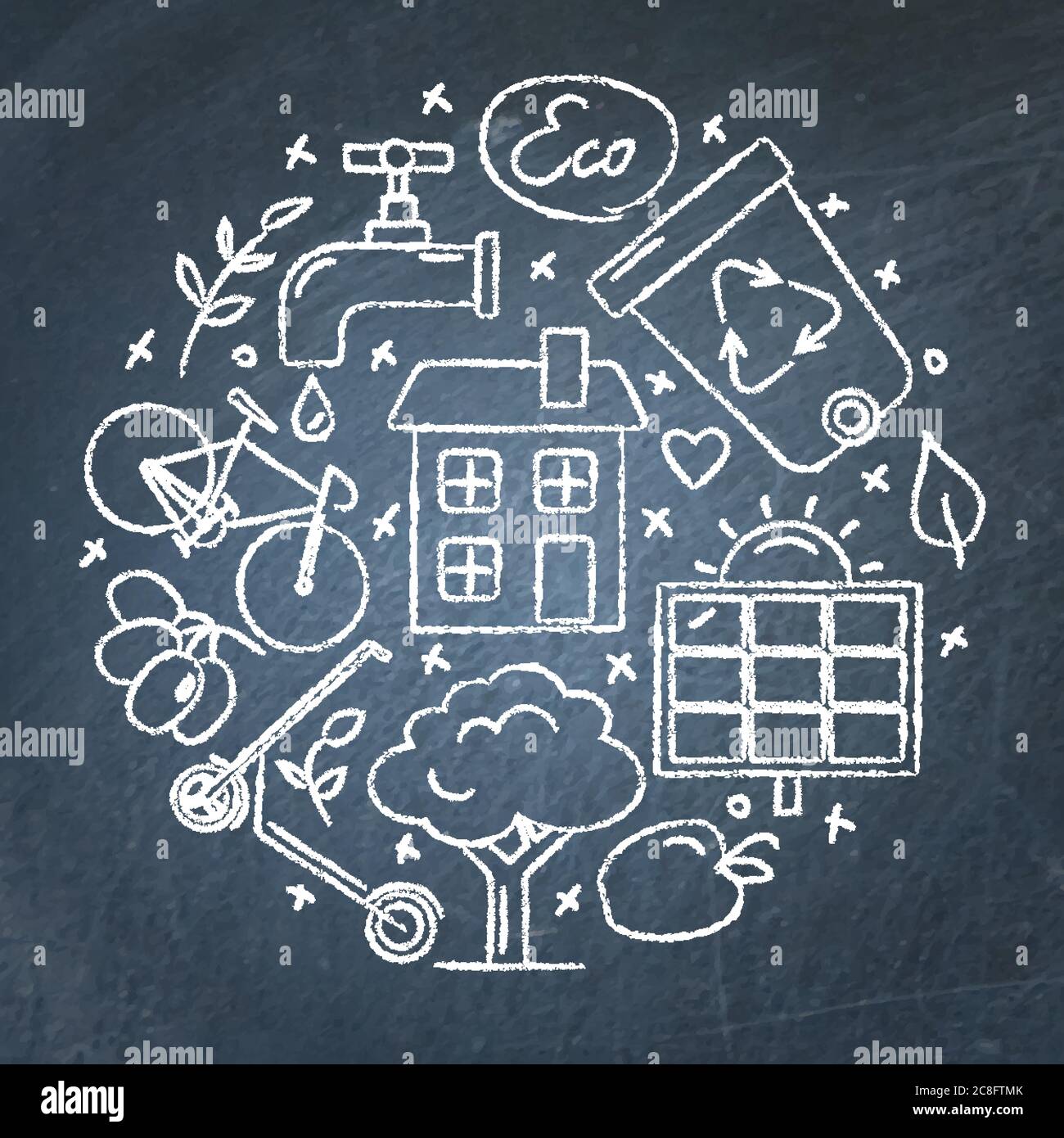 Collection of ecology icons in sketch style on chalkboard. Hand drawn ...