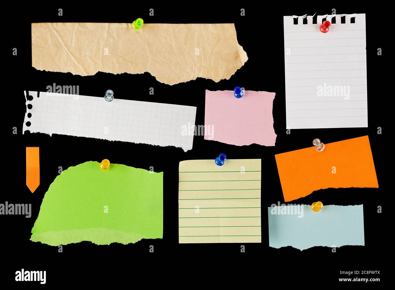 variety of blank torn notes on black background Stock Photo - Alamy