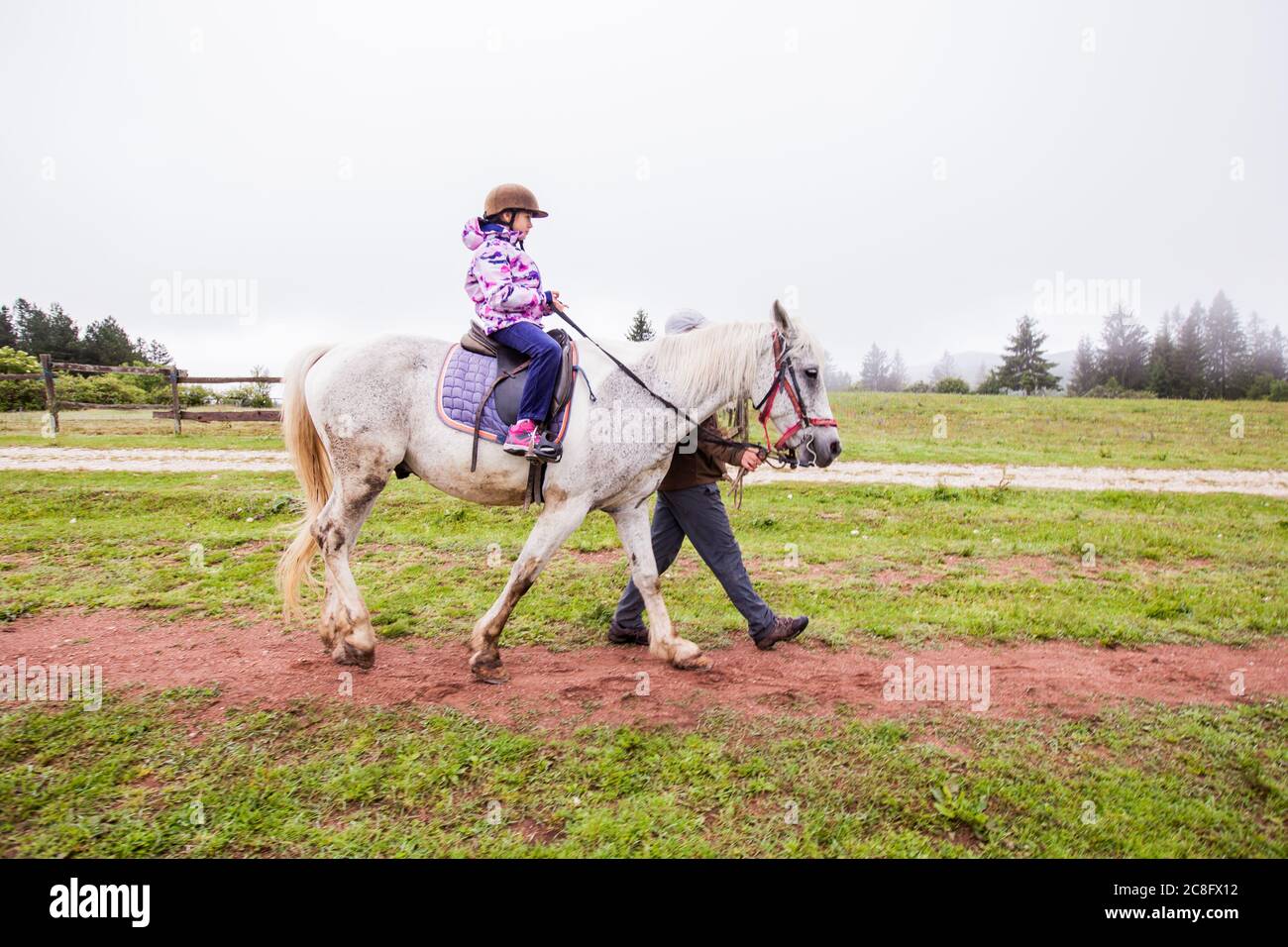 Horseback riding lesson- little girl ride a horse at ranch , country ...