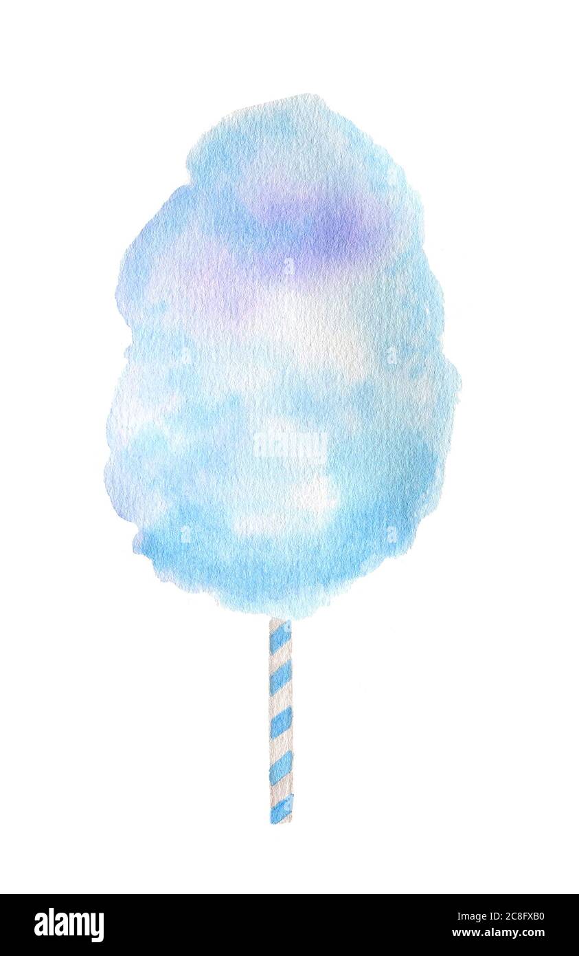 Blue cotton candy in a striped sticks vintage watercolor illustration ...