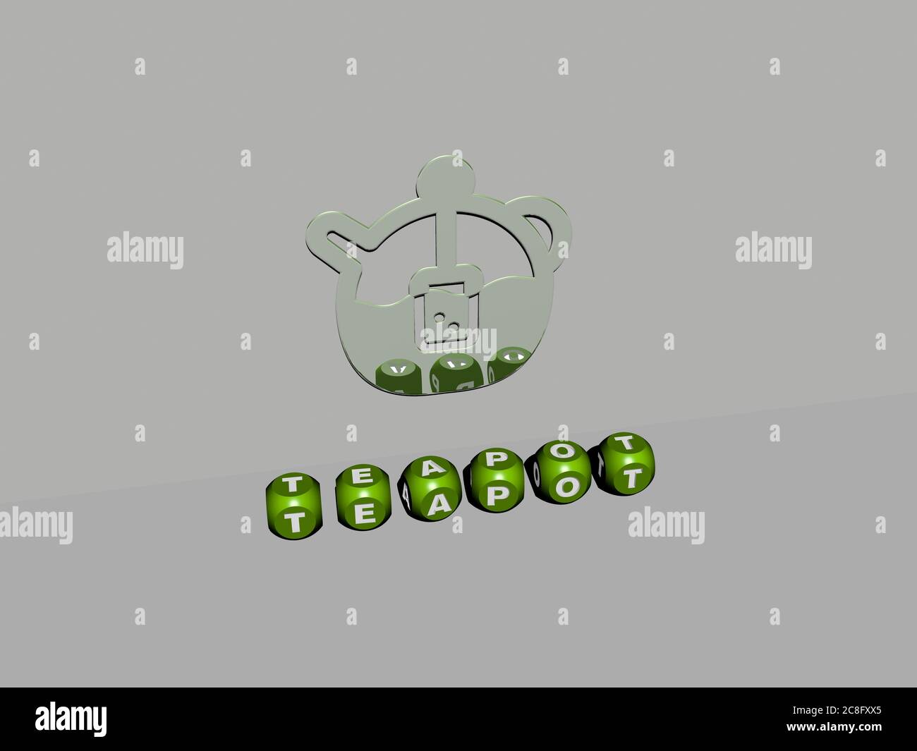 3D illustration of teapot graphics and text made by metallic dice ...