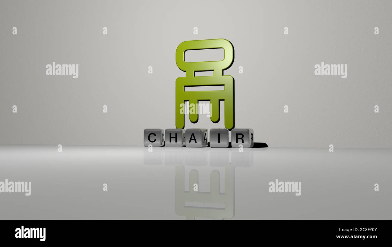 3D illustration of CHAIR graphics and text made by metallic dice ...