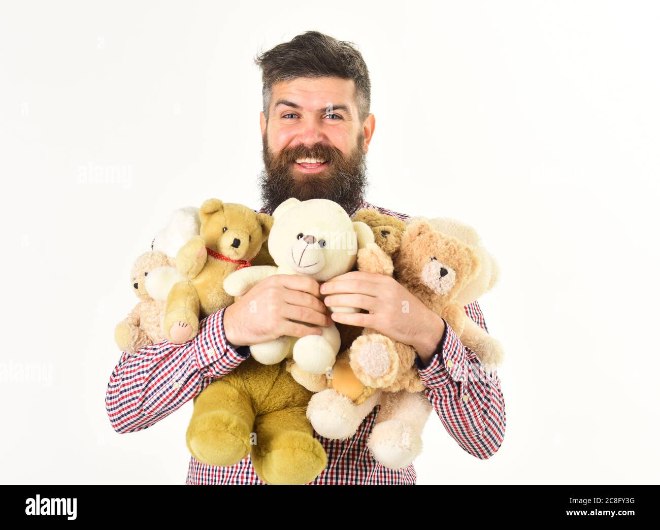 Sharing and generosity concept. Man with smiling face holds pile of ...