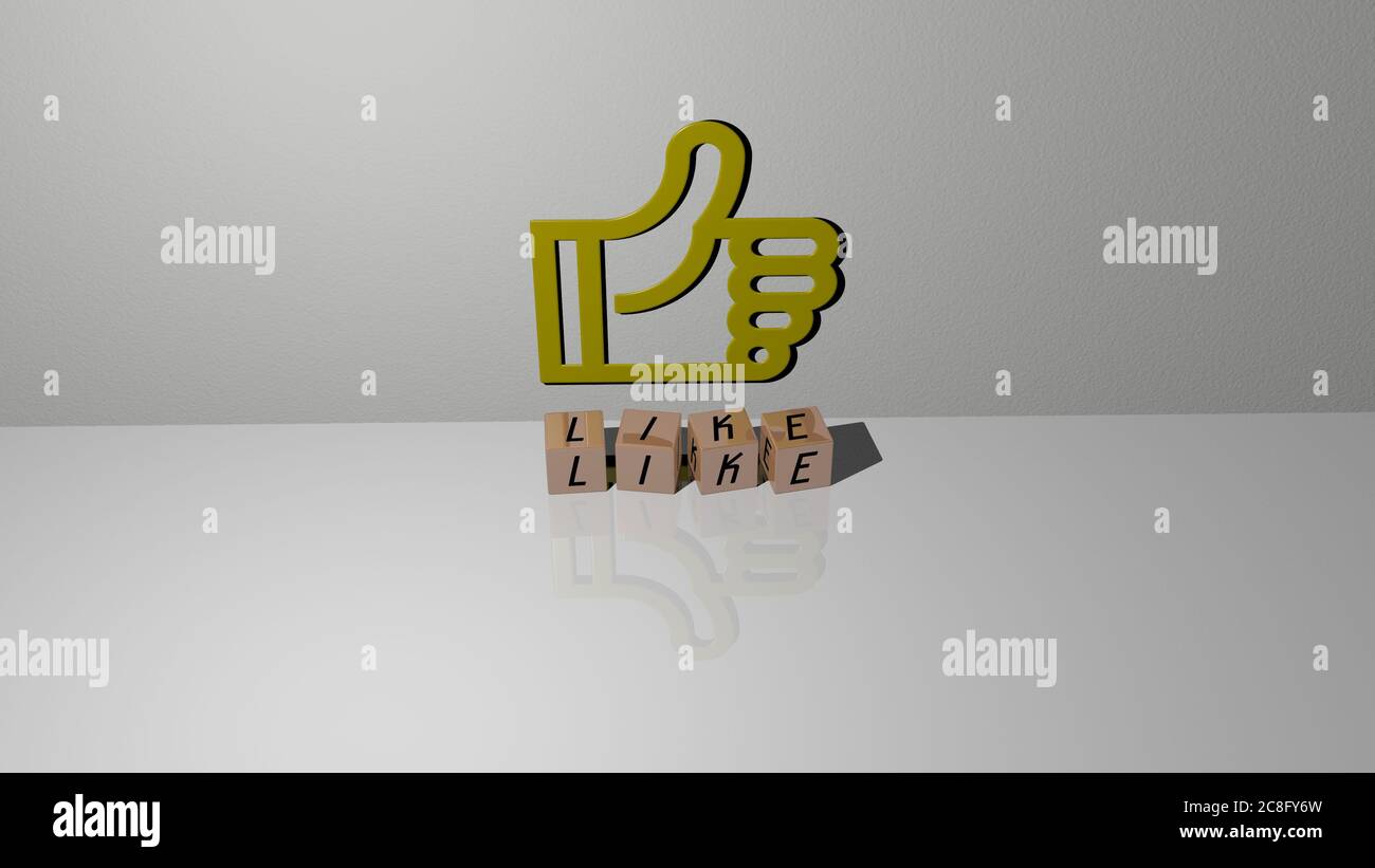 3D illustration of like graphics and text made by metallic dice letters ...