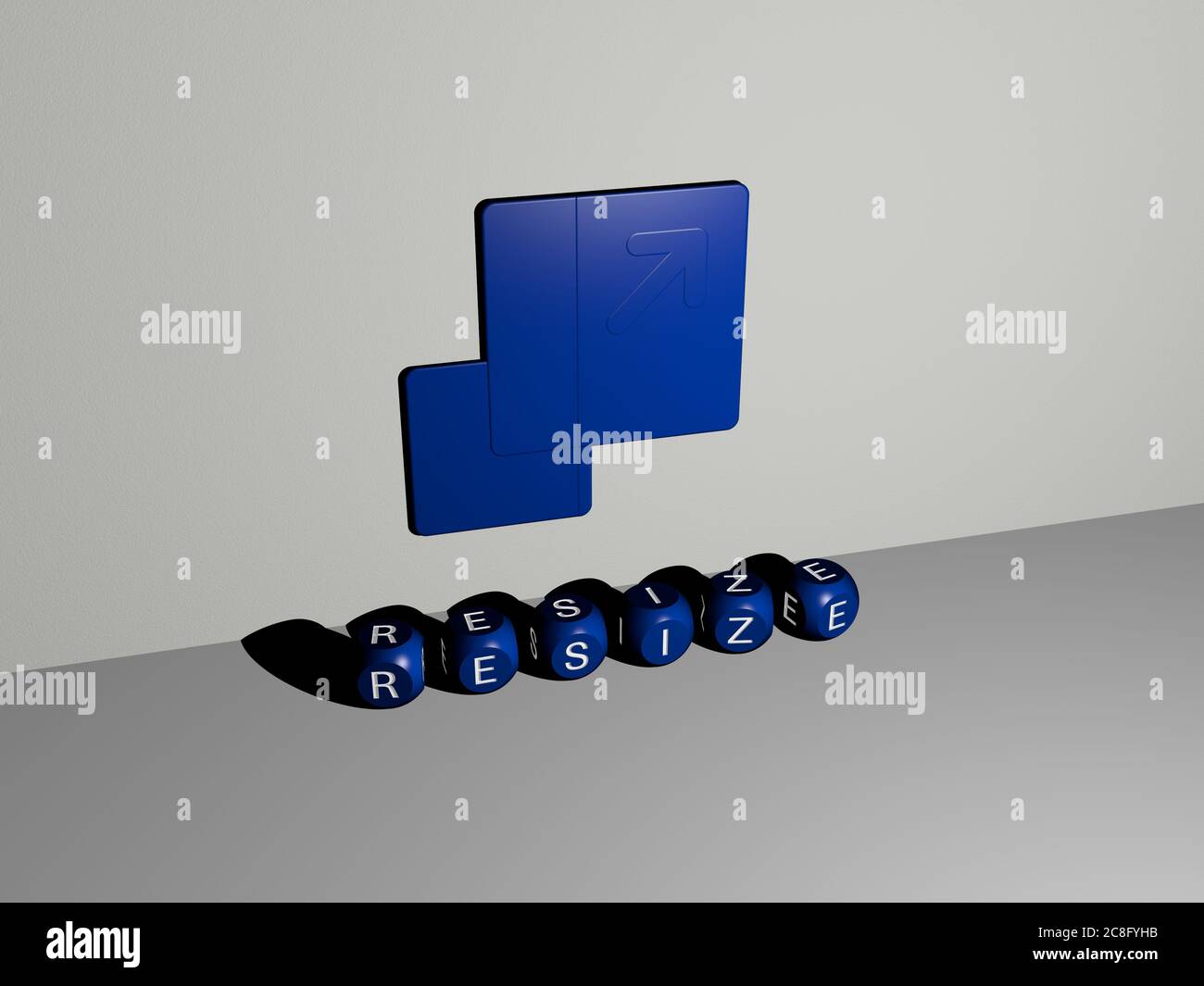 3D representation of RESIZE with icon on the wall and text arranged by ...