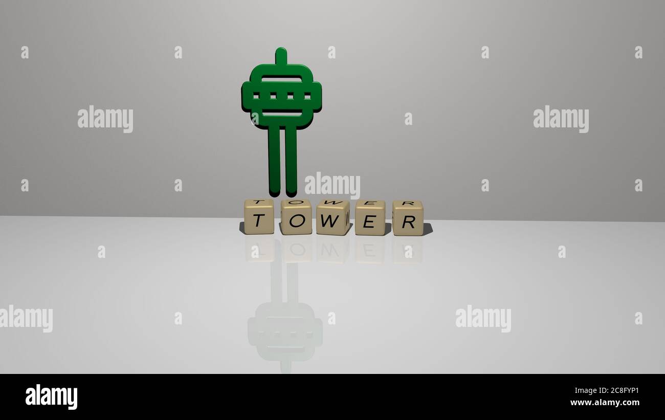 3D illustration of TOWER graphics and text made by metallic dice ...