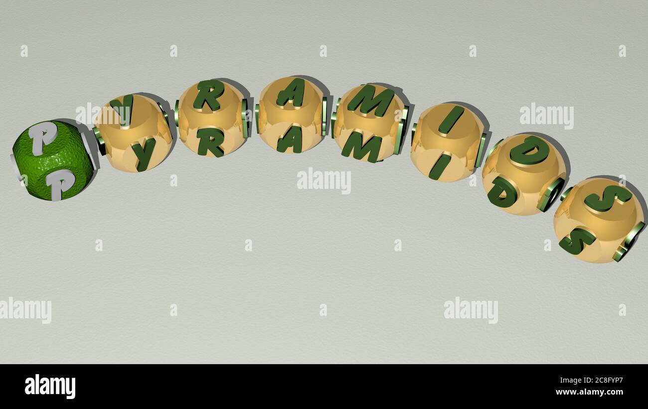 crosswords of pyramids arranged by cubic letters on a mirror floor ...