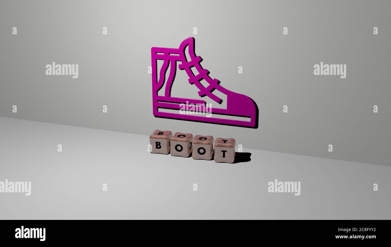 3D illustration of boot graphics and text made by metallic dice letters ...