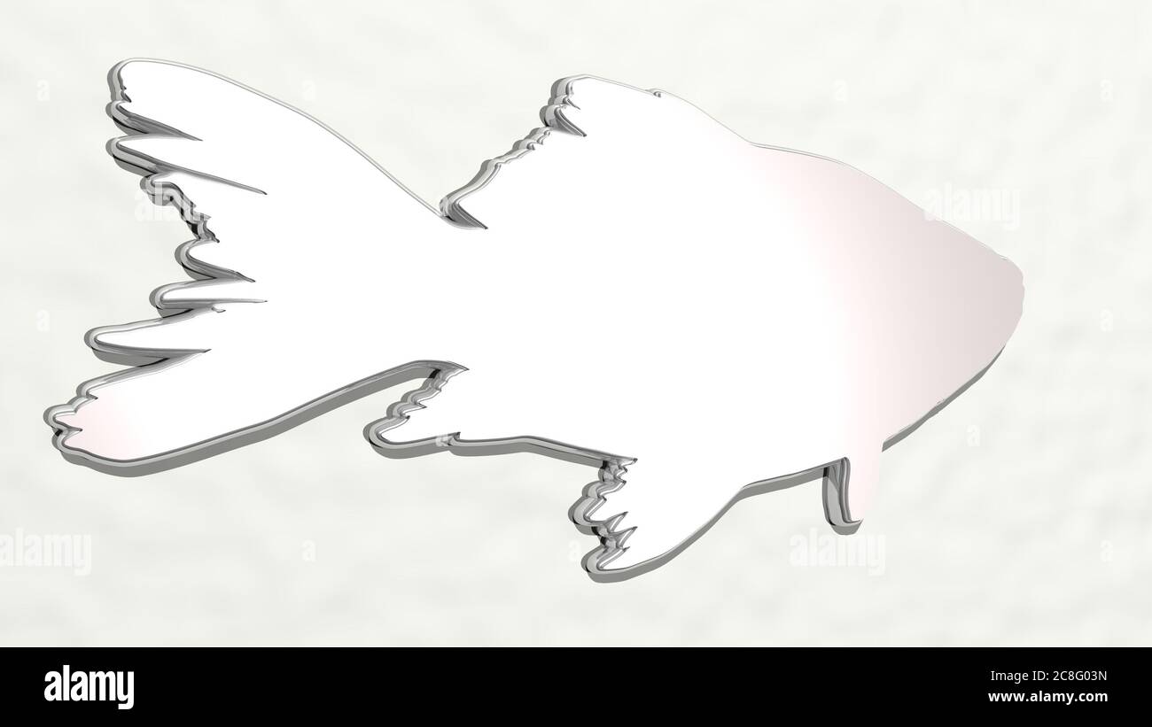 fish made by 3D illustration of a shiny metallic sculpture on a wall ...