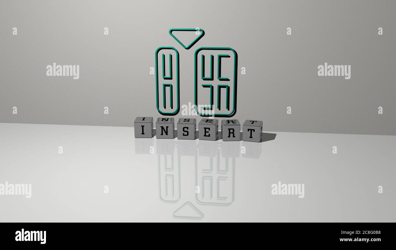 3D representation of INSERT with icon on the wall and text arranged by ...