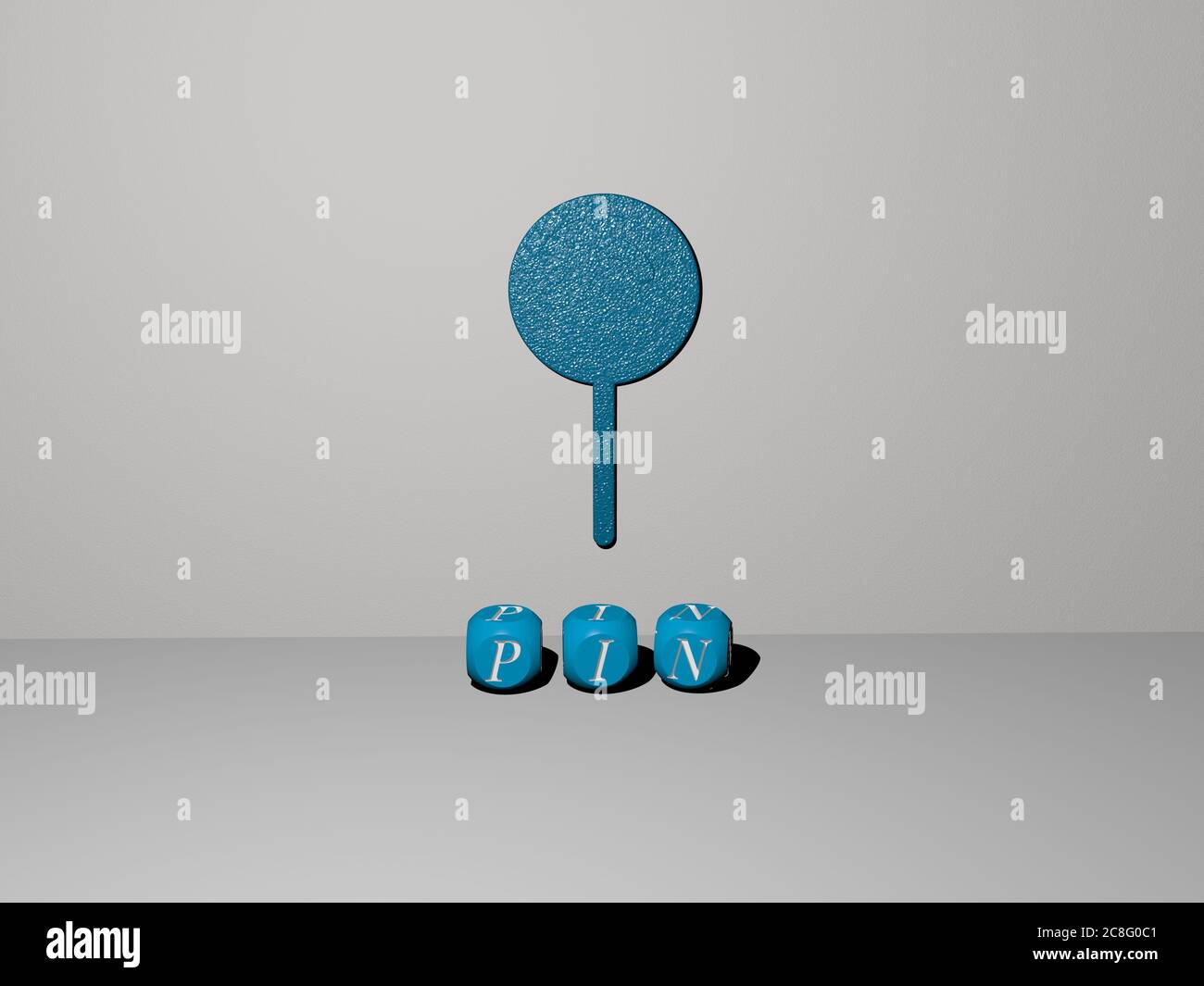 3D illustration of pin graphics and text made by metallic dice letters ...