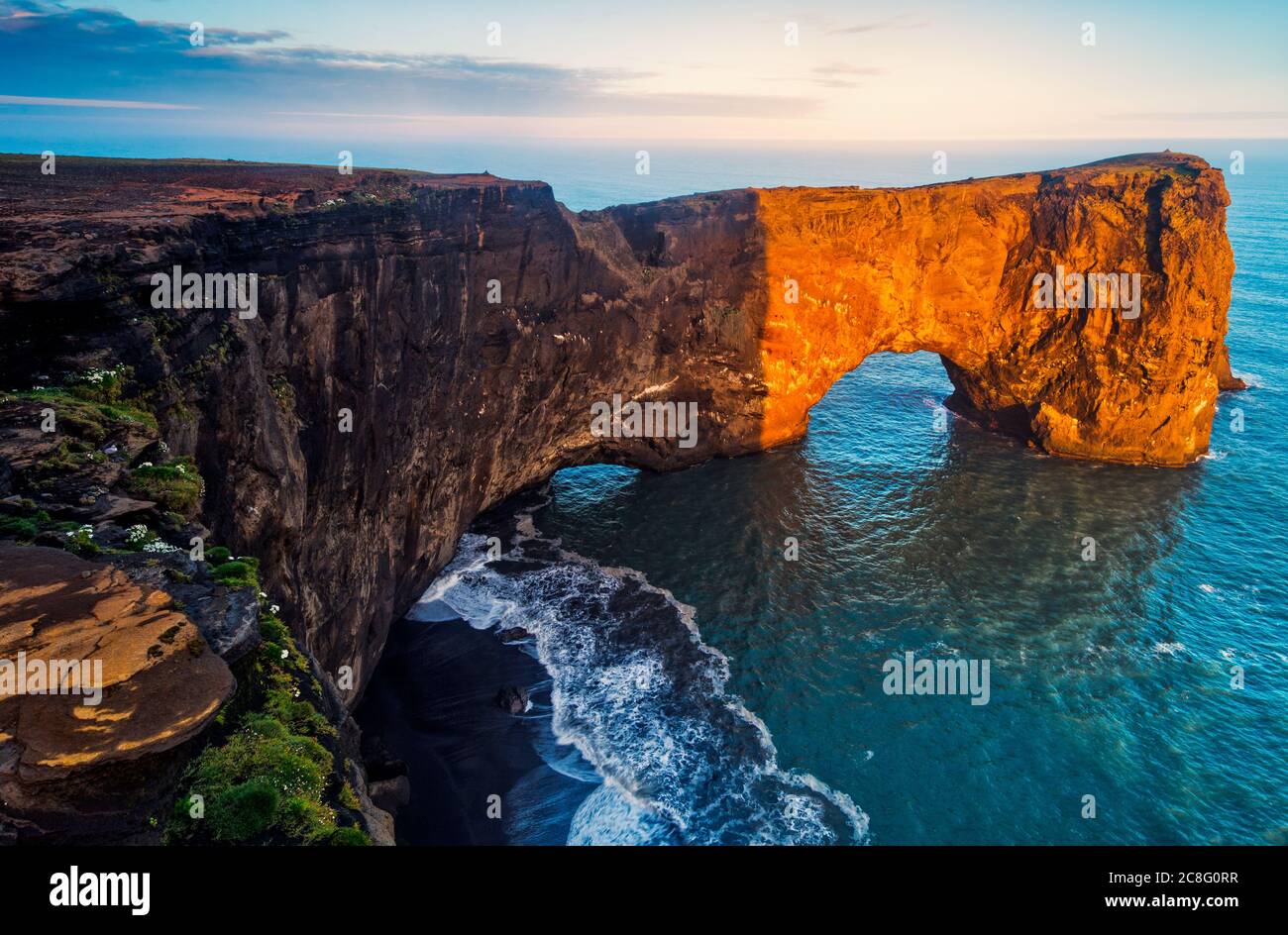 geography / travel, Iceland, A distant cliff blocks the setting sun on ...