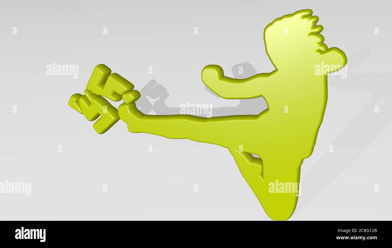 WOMAN DOING KARATE from a perspective with the shadow. A thick ...