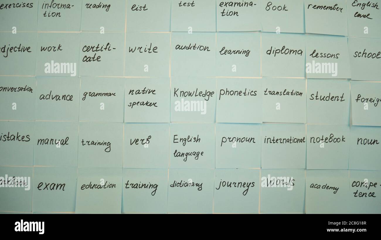Learning english tags on stickers. Education concept, blue adhesive ...