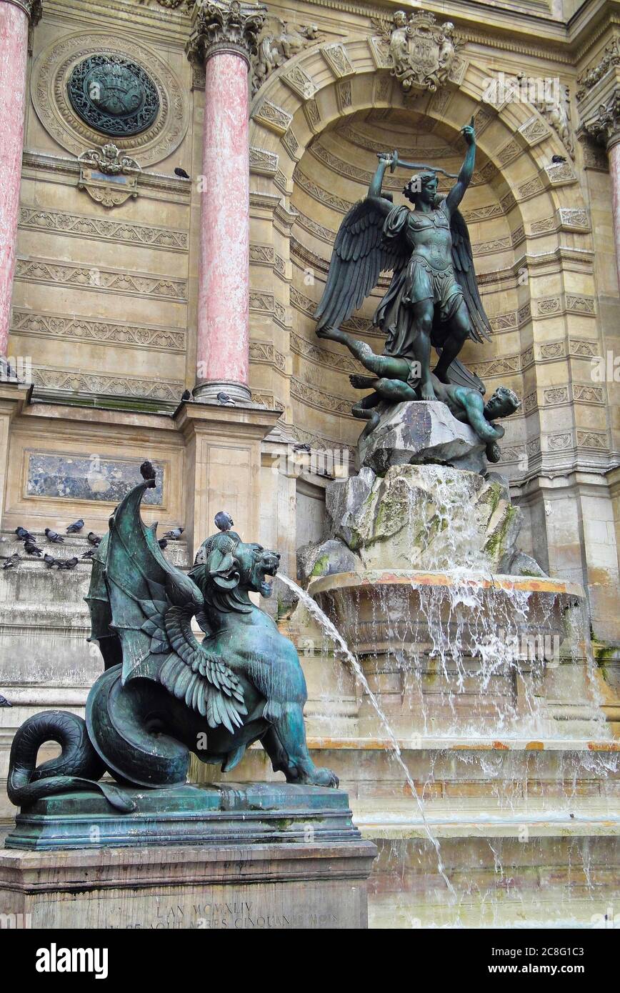 Historic fountains and sculptures of Place Saint-Michel in Paris France ...