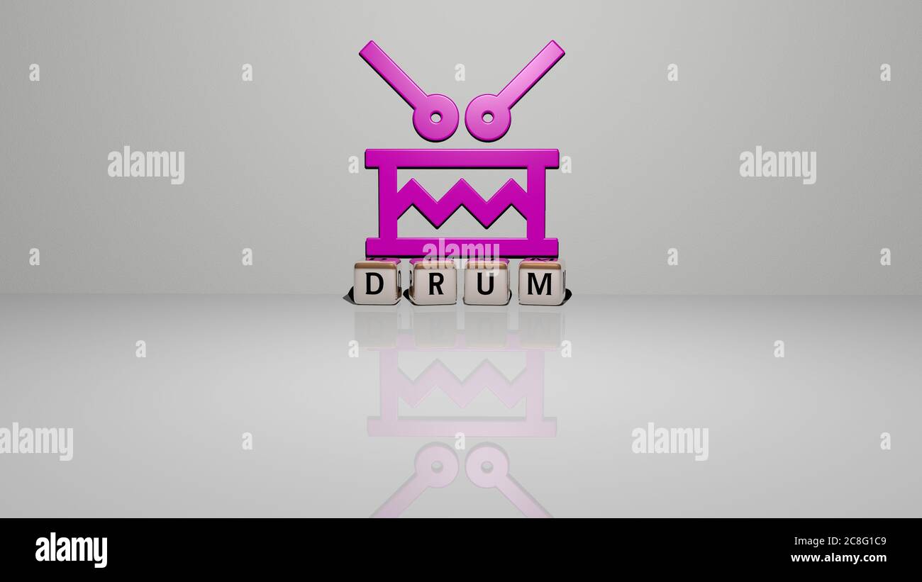 3D illustration of drum graphics and text made by metallic dice letters ...