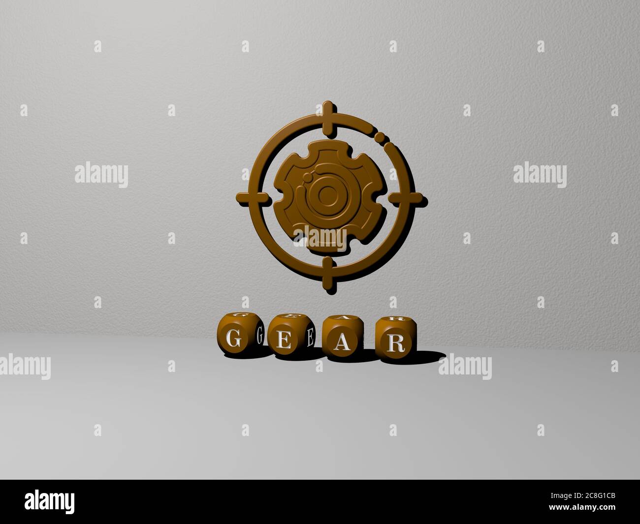 3D representation of GEAR with icon on the wall and text arranged by ...