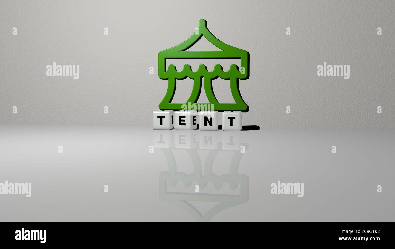 3D illustration of tent graphics and text made by metallic dice letters ...