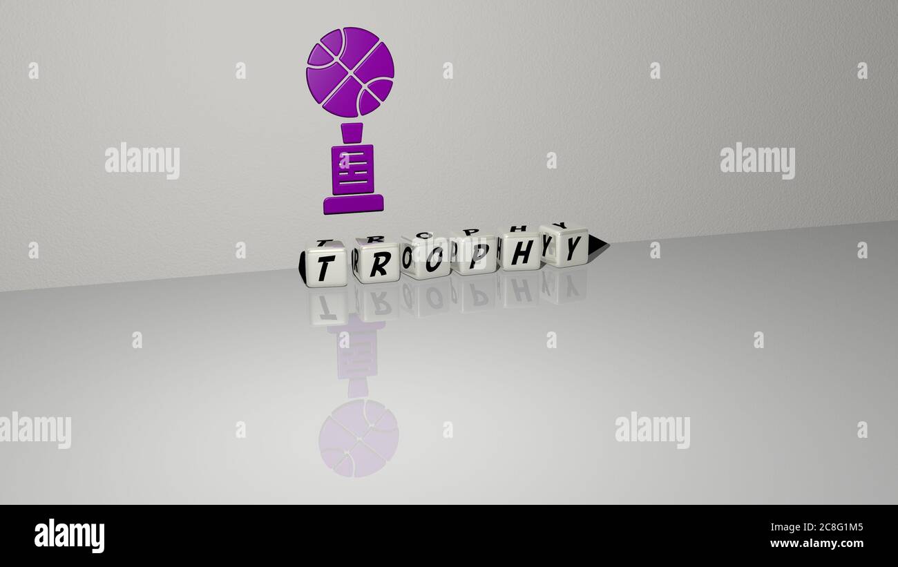 3D illustration of TROPHY graphics and text made by metallic dice ...