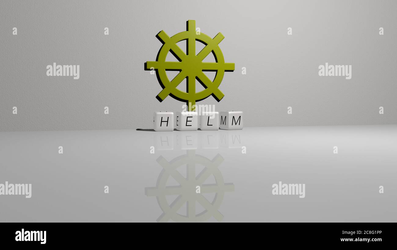 3D illustration of helm graphics and text made by metallic dice letters ...