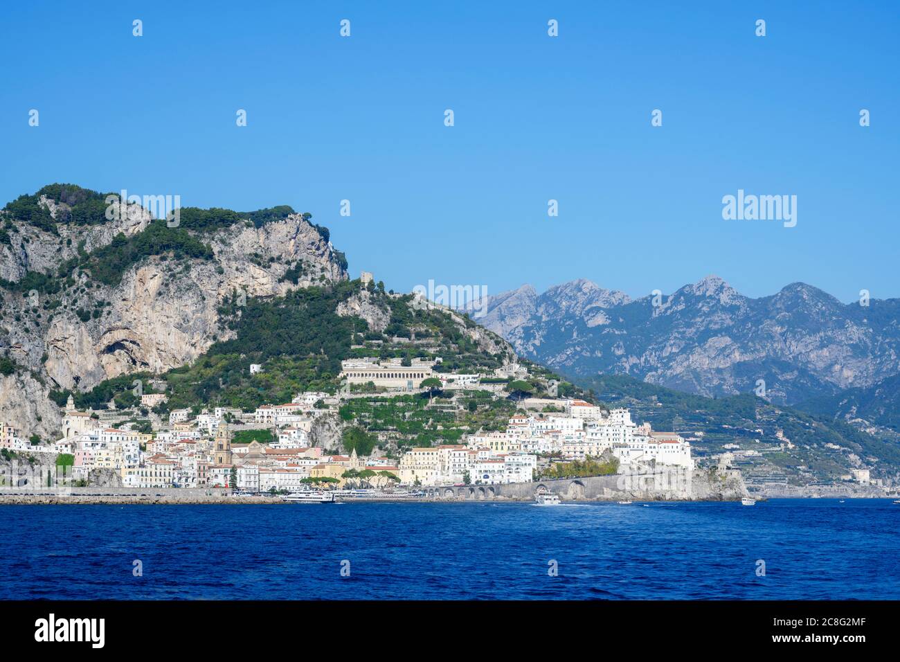 View of Amalfi and the rugged Amalfi coastline from a ferry as it ...