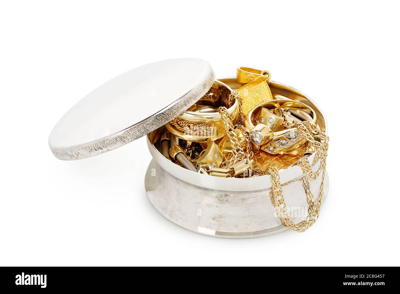 silver jewelry box with a variety of jewelry isolated on white Stock ...