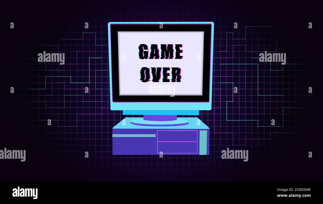Glitch old personal computer. Retro pc with distorted inscription game ...