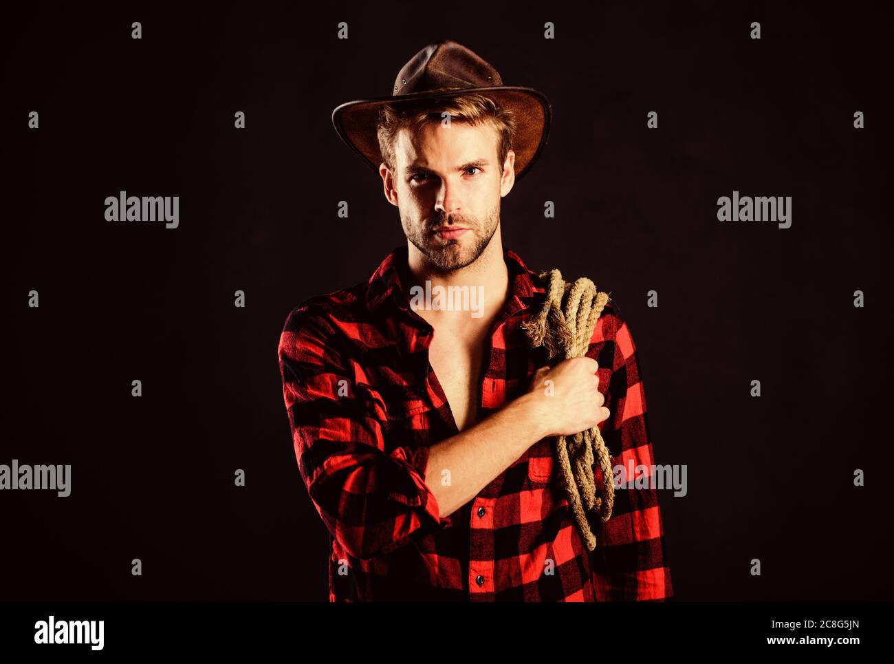 farmer culture. man checkered shirt on ranch. cowboy with lasso rope ...
