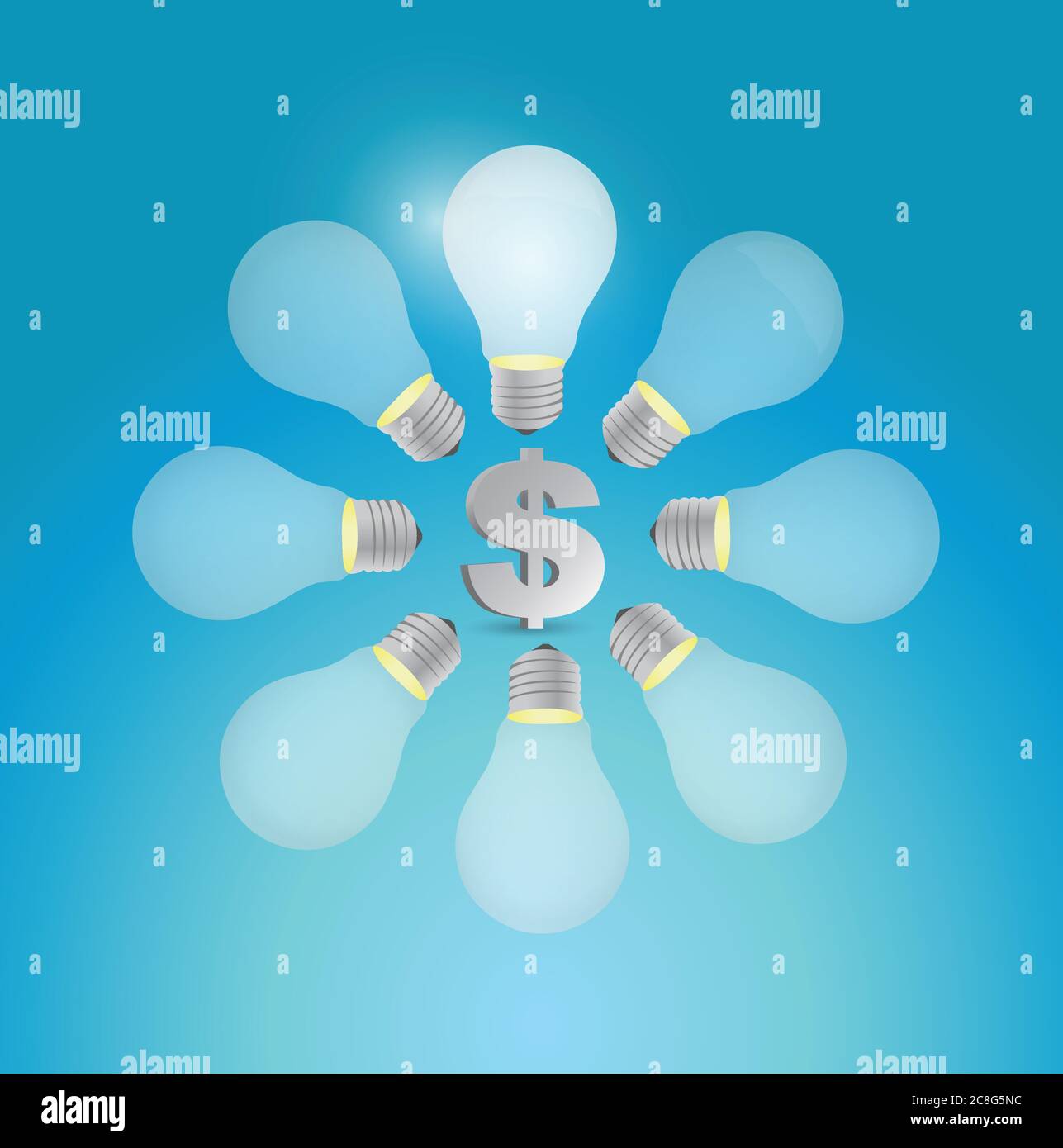 Dollar currency symbol around ideas illustration design over a blue ...