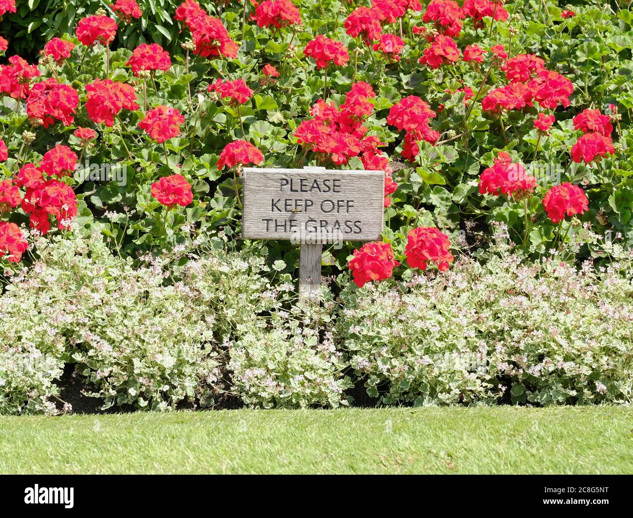 Wooden sign placed in the middle of flowerbed requesting visitors to ...