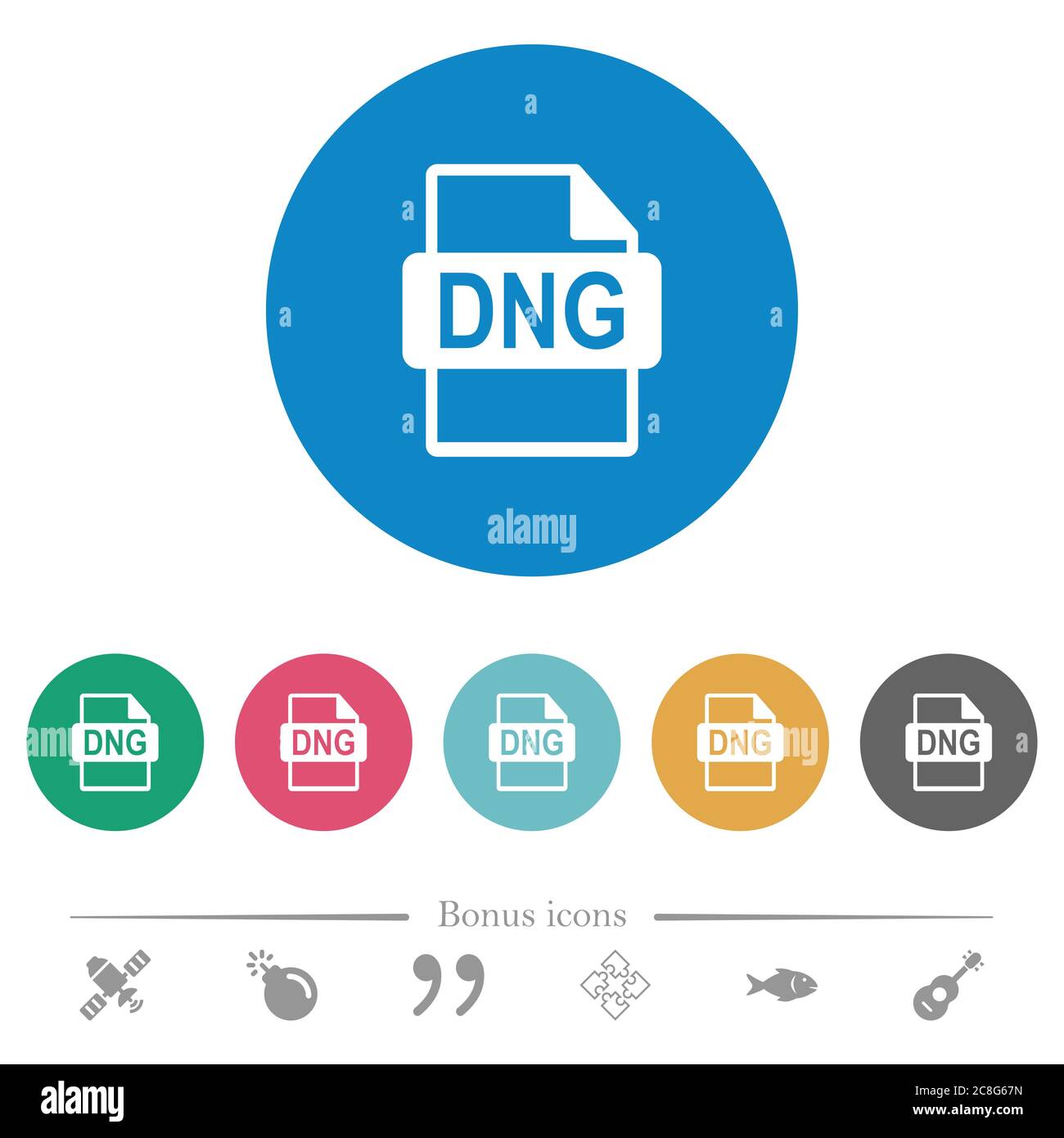 DNG file format flat white icons on round color backgrounds. 6 bonus ...