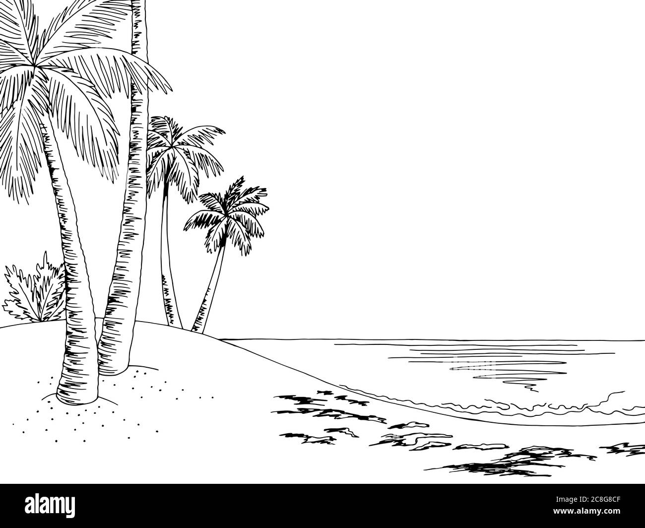 Sea coast graphic beach black white landscape sketch illustration ...