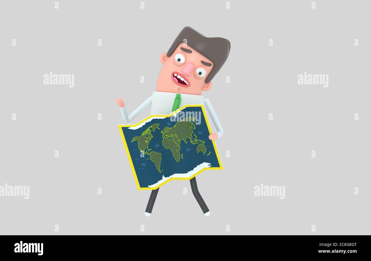 Man looking at world map paper. 3d illustration. Isolated Stock Photo ...