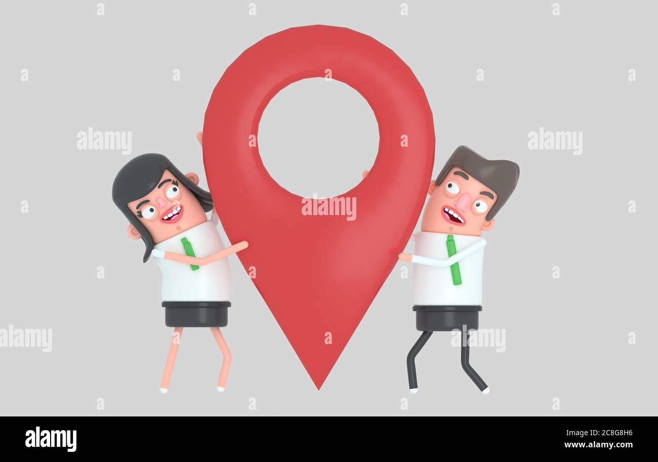 Business couple holding a big location icon. 3d illustration. Isolated ...